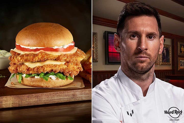 Messi presentó su propia hamburguesa de pollo en la cadena Hard Rock ...